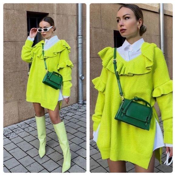 Zara | Sweaters | Nwt Zara Ruffled Knit Fluorescent Lime Sweater Xss ...